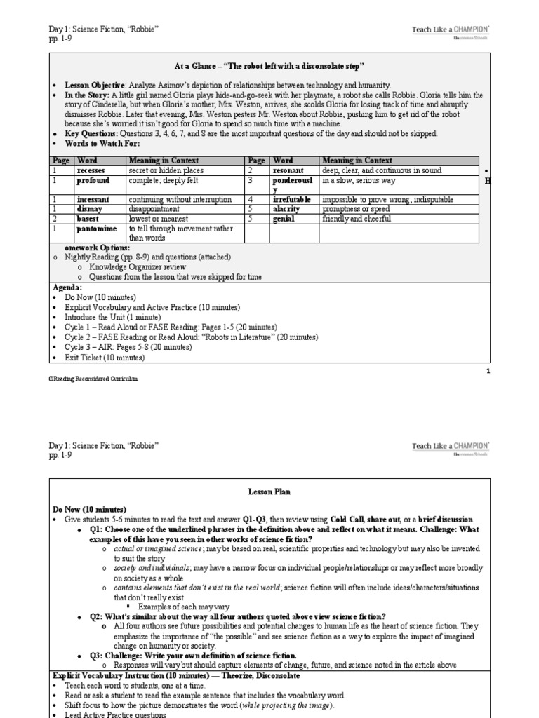 1 Science Fiction Lesson Plan - Robbie Day 1 2 | PDF | Narration | Thought