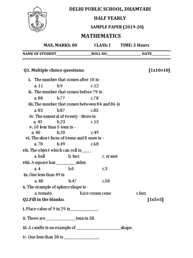 Maths Class 1 Test Paper 2 - Compressed | PDF | Mathematics