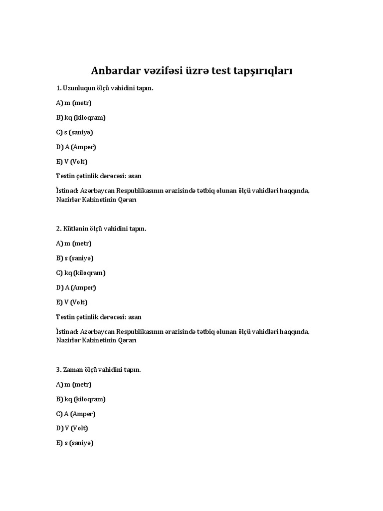 Anbardar Vəzifəsi Üzrə Test Tapşırıqları | PDF