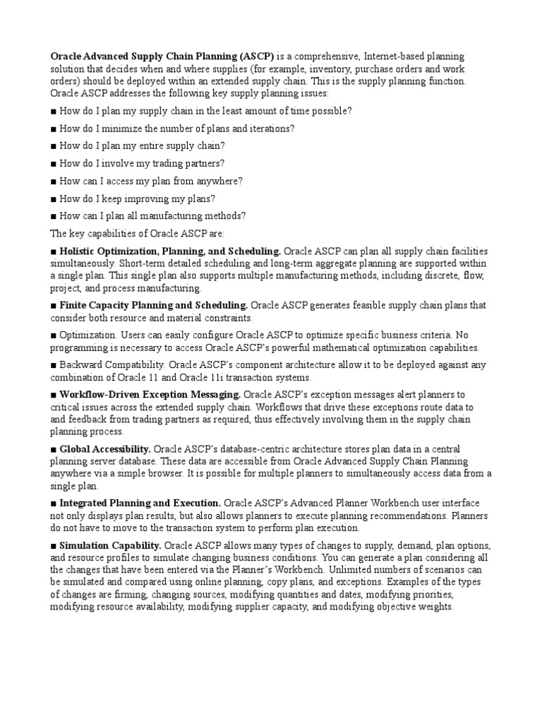 ASCP Features | PDF | Oracle Database | Supply Chain