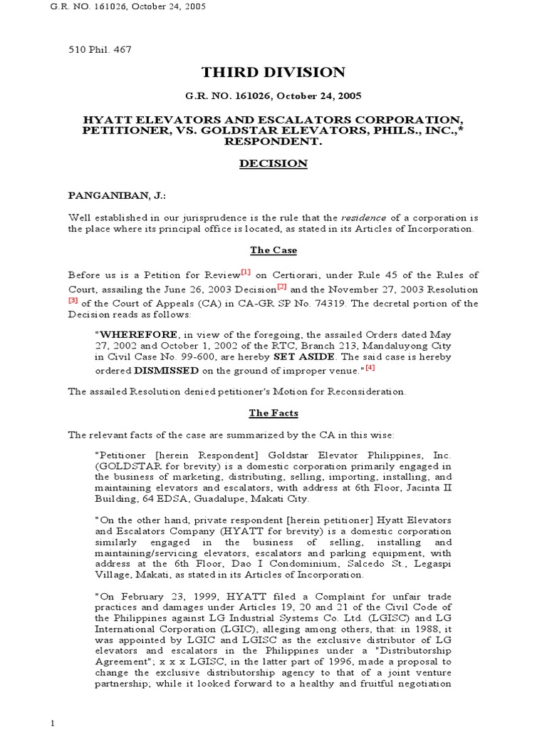 Hyatt Elevators and Escalators Corporation v. Goldstar Elevators, G.R ...