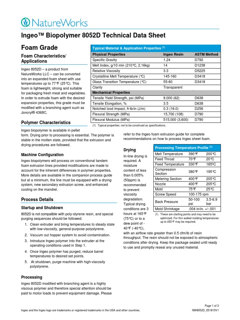 Ingeo™ Biopolymer 8052D Technical Data Sheet Foam Grade | PDF | Polystyrene | Extrusion