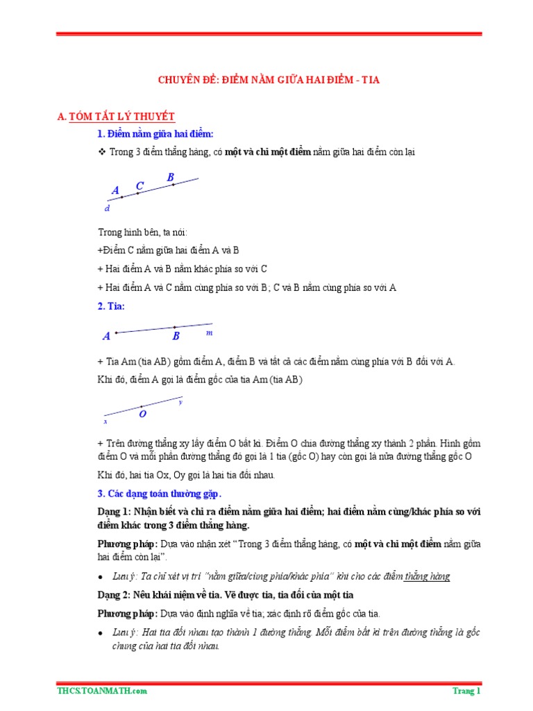 Tom Tat Ly Thuyet Va Bai Tap Trac Nghiem Diem Nam Giua Hai Diem Tia | PDF