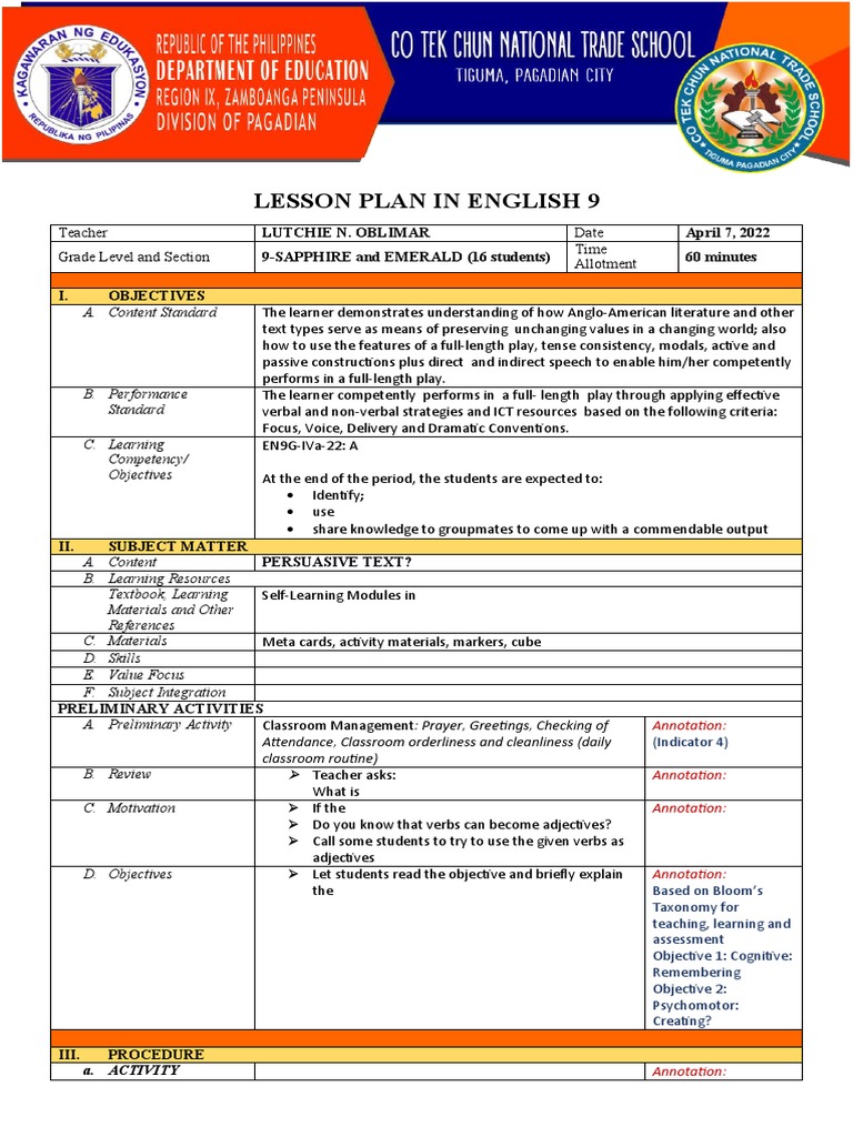 4as Lesson Plan in English 9 | PDF