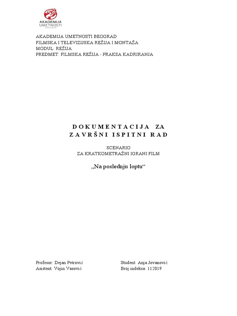 Obrazac C - Scenario - NAZIV FILMA - Ime I Prezime Studenta | PDF