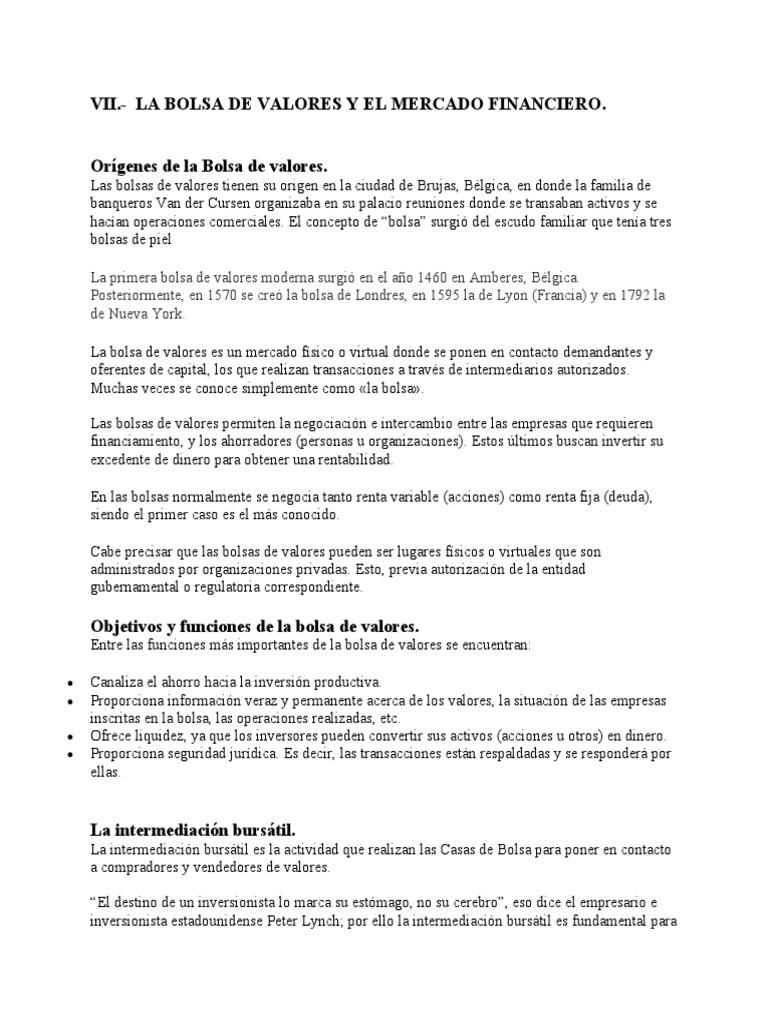 Vii. - La Bolsa de Valores y El Mercado Financiero | PDF | Bolsa ...