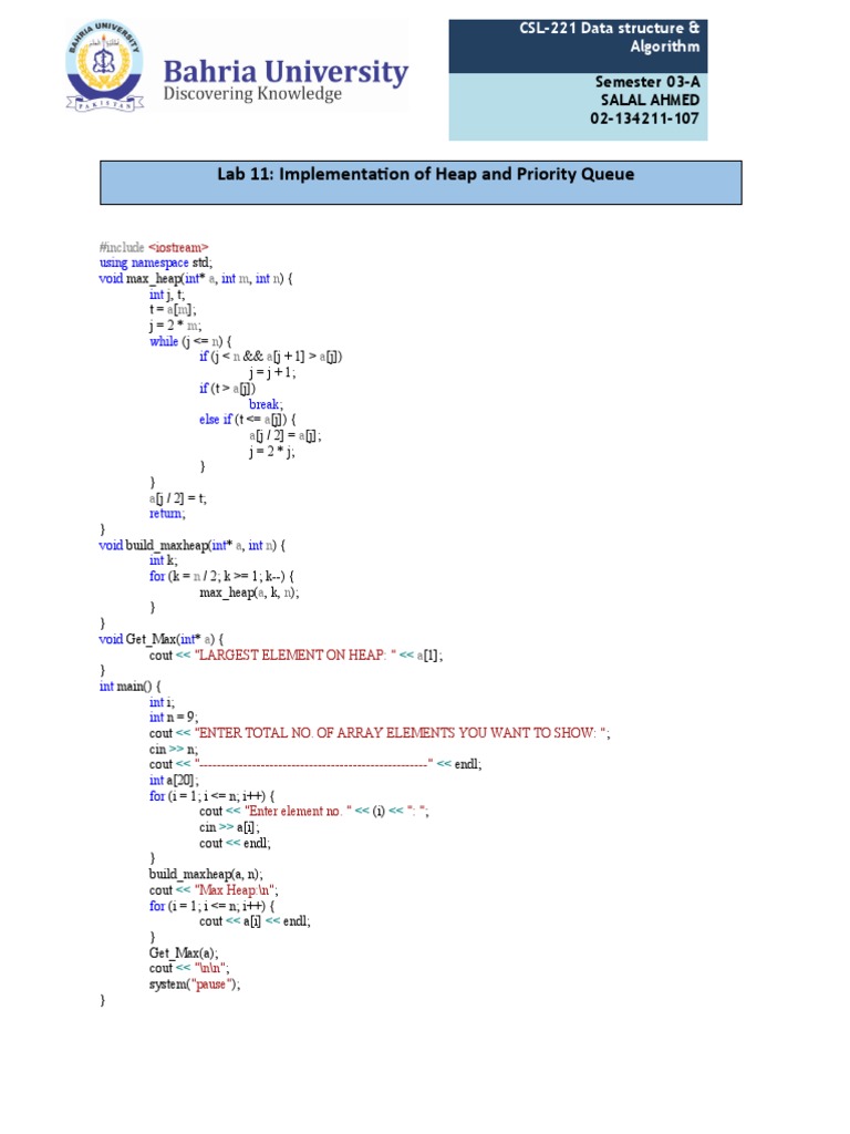 Lab 11: Implementation of Heap and Priority Queue | Download Free PDF | Algorithms And Data ...