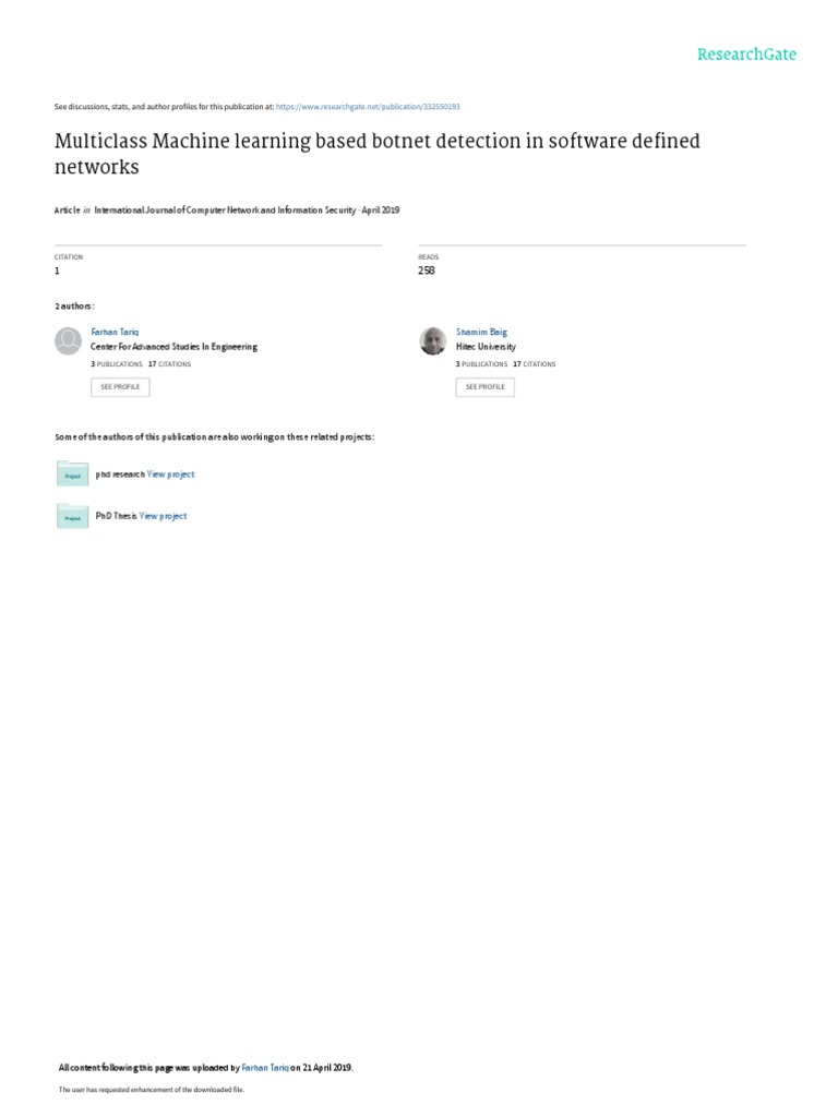 Multiclass Machine Learning Based Botnet Detection In Software Defined Networks Download Free