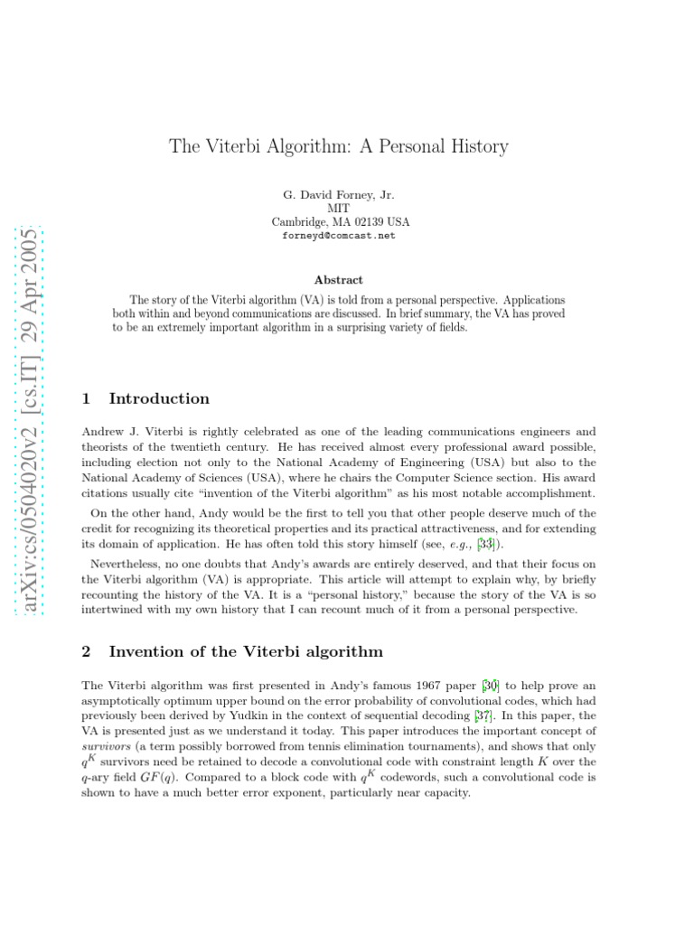 The History and Impact of the Viterbi Algorithm | PDF | Forward Error Correction | Applied ...