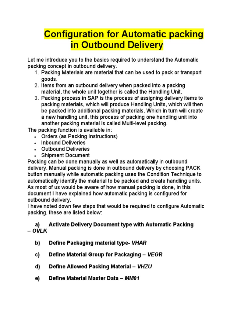 Configuration For Automatic Packing in Outbound Delivery | PDF ...