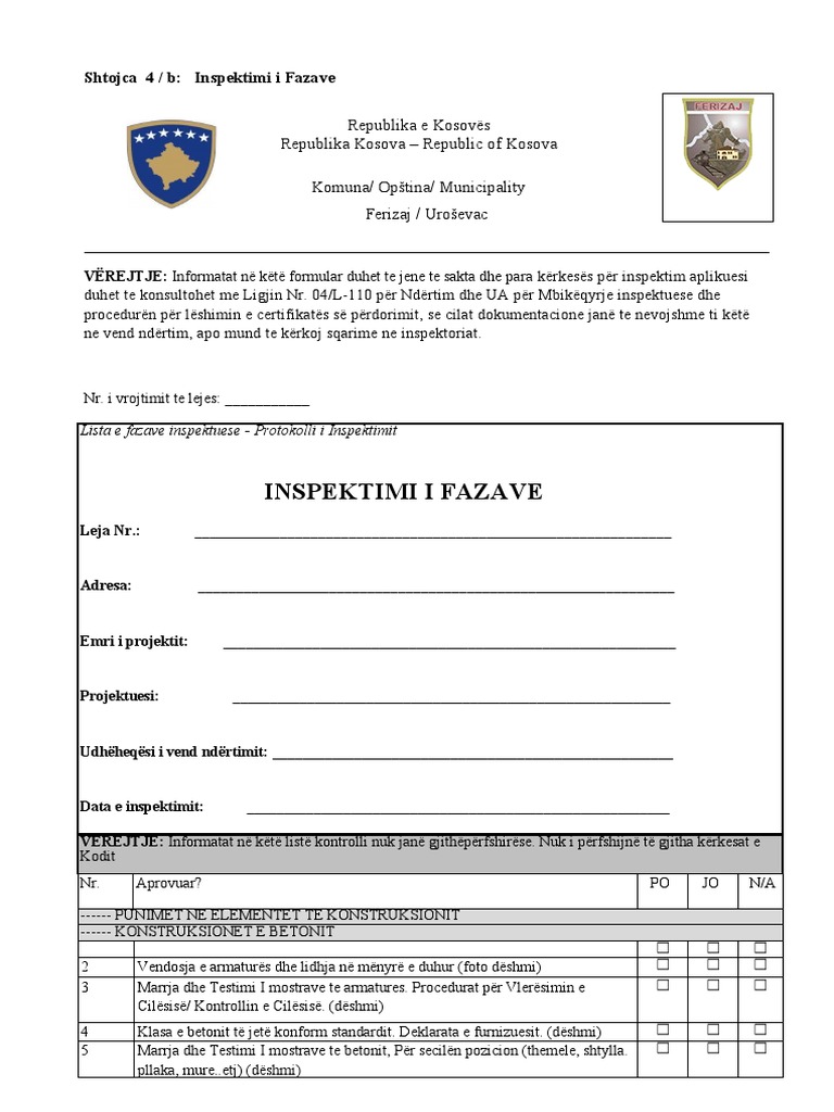 Shtojca 4b - Inspektimi I Fazave 25 Ferizaj-Uroševac | PDF