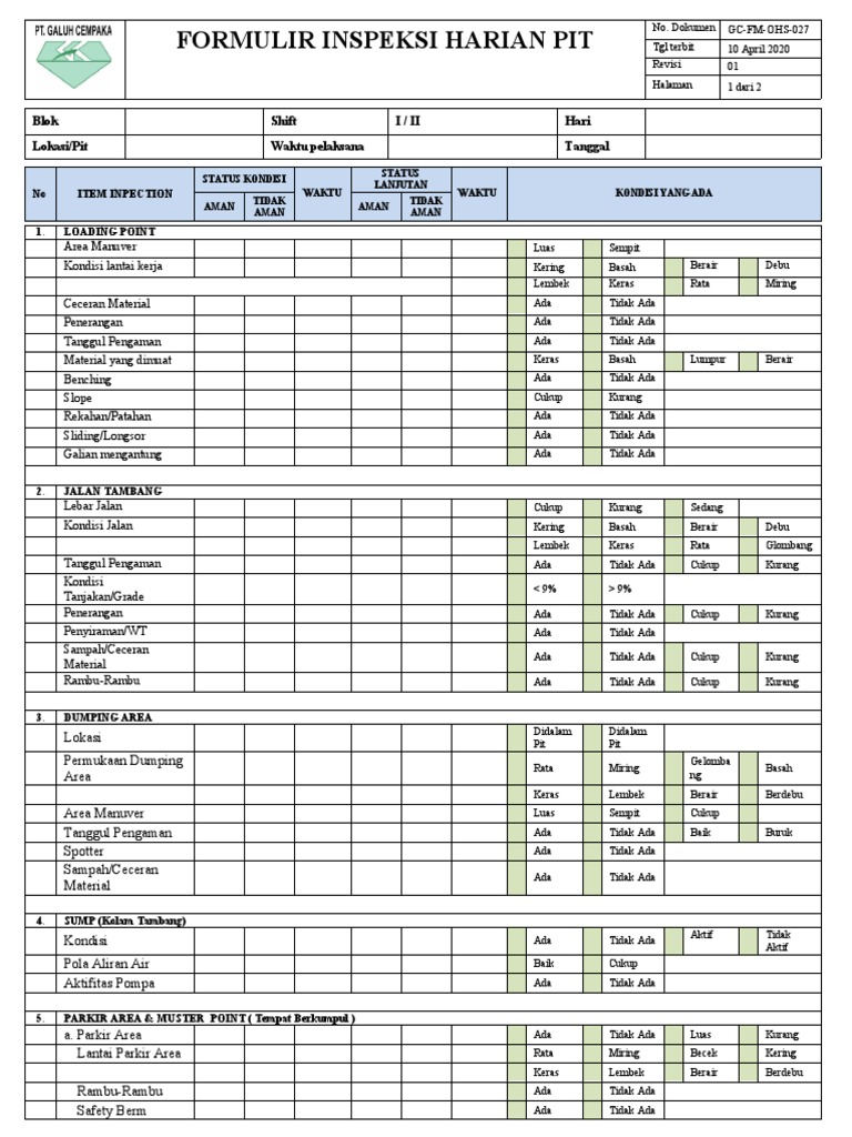 Gc-Fm-Ohs-027 - 01 Form Inspeksi Harian Pengawas Tambang | PDF