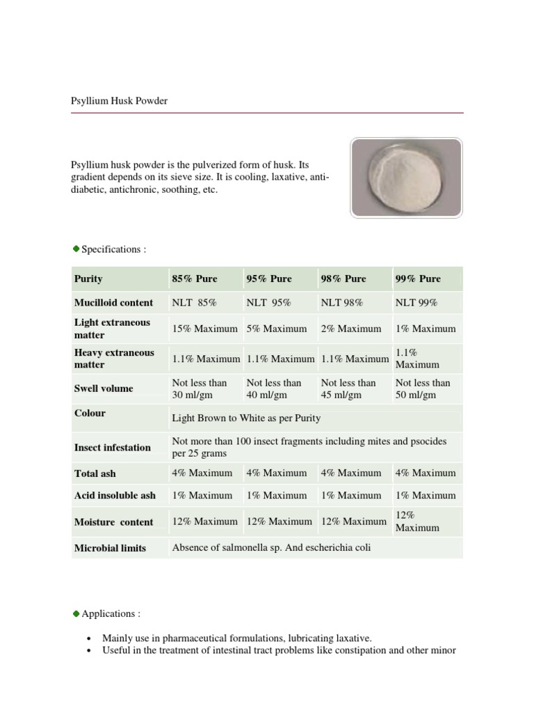 Psyllium Husk Powder Specifications & Uses | PDF | Wellness
