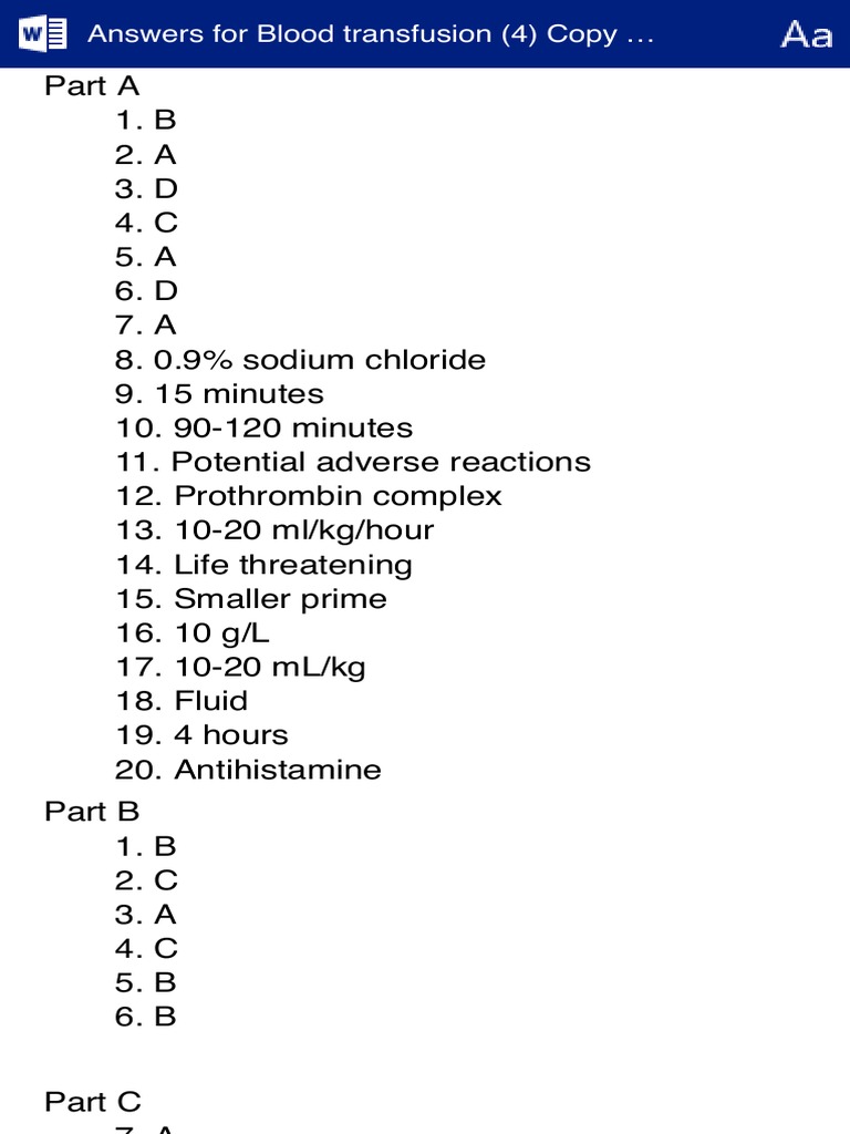 Answers For Blood Transfusion (4) Copy Copy - Docx - Microsoft Word ...