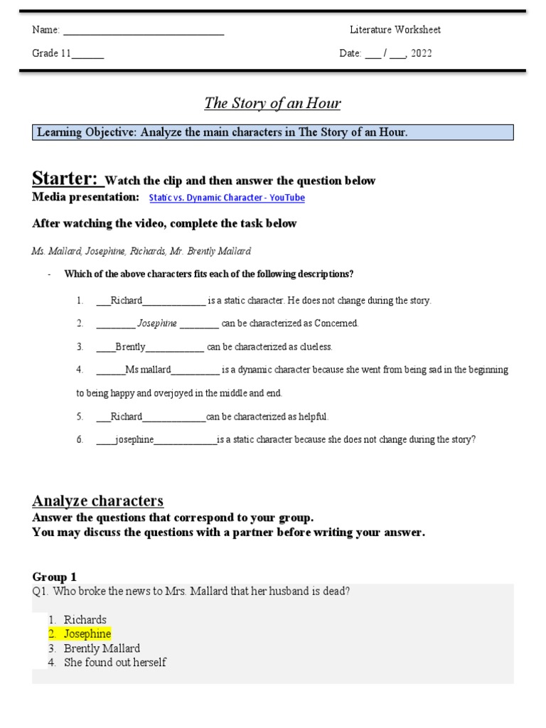 The Story of An Hour Class Wrok d2 | PDF