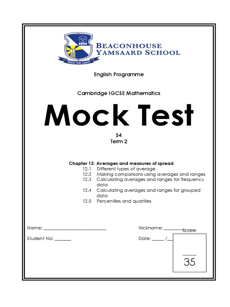 S4 Igcse Math Ch12 Mock Test Pdf Mean
