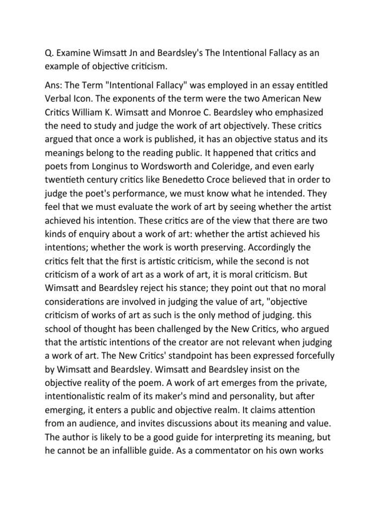 Intentional Fallacy As Objective Criticism | PDF | Philosophical ...