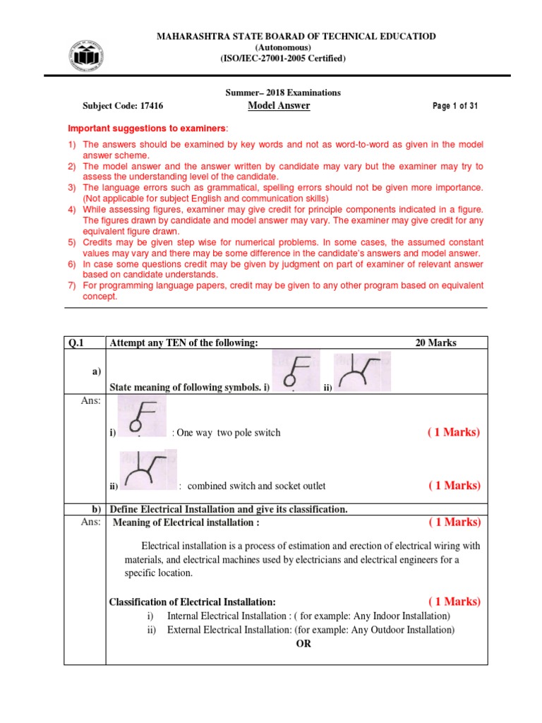 2018 Summer Model Answer Paper | PDF | Electrical Wiring | Insulator ...
