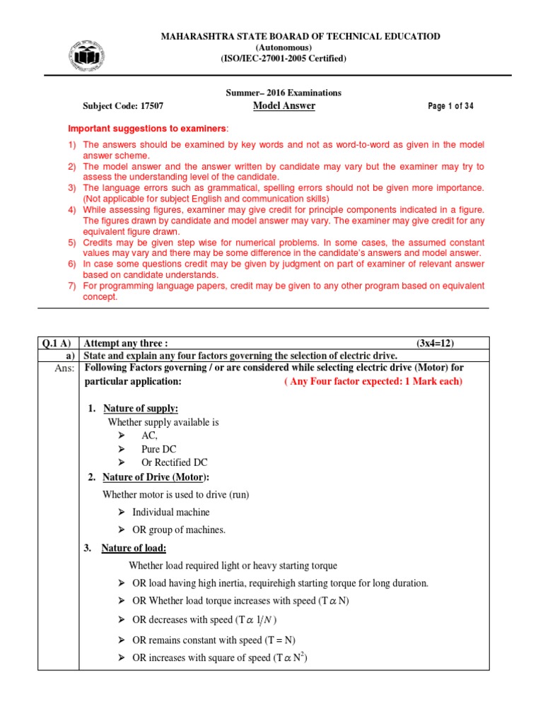 2016 Winter Model Answer Paper | PDF | Transformer | Electric Motor