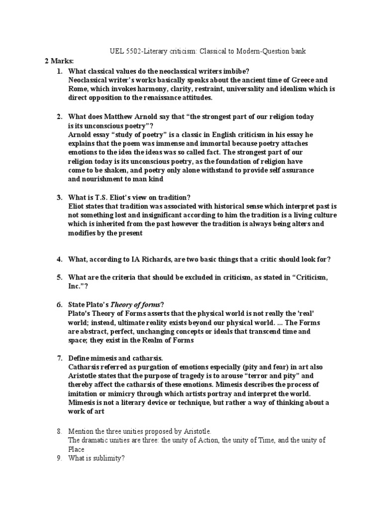 UEL 5502-Literary Criticism: Classical To Modern-Question Bank | PDF ...