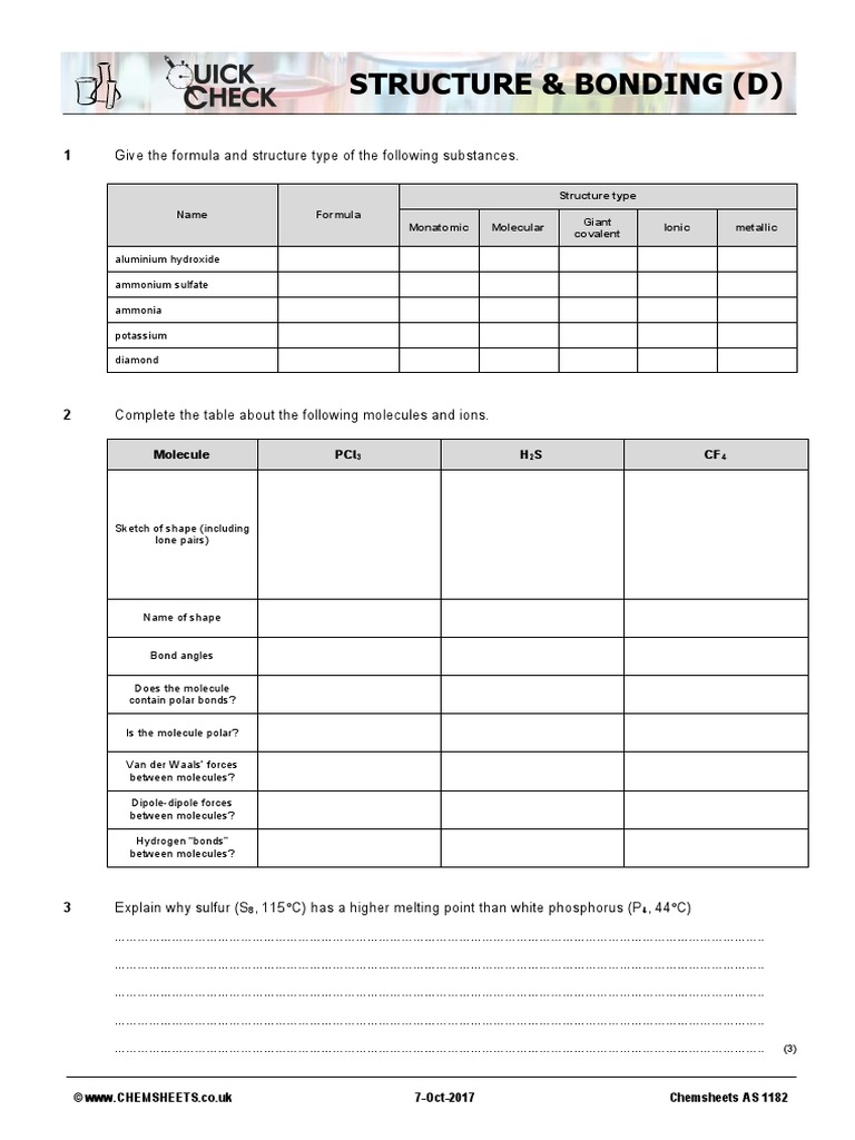 Chemsheets AS 1182 QC Structure and Bonding D | PDF