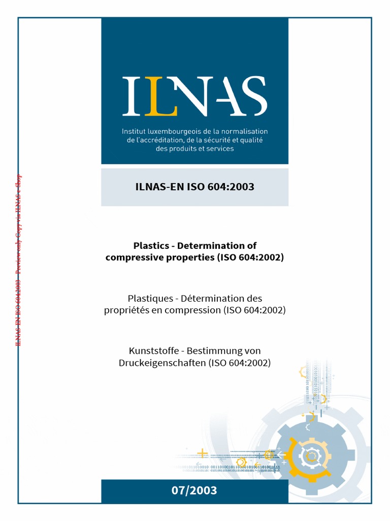 ILNAS-EN ISO 604:2003: Plastics - Determination of Compressive Properties (ISO 604:2002) | PDF ...