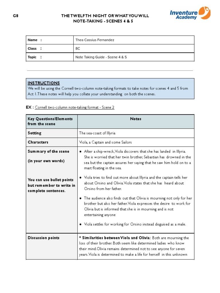 Name: Class: Topic:: Thea Cassius Fernandez 8C Note Taking Guide - Scene 4 & 5 | PDF | Twelfth Night