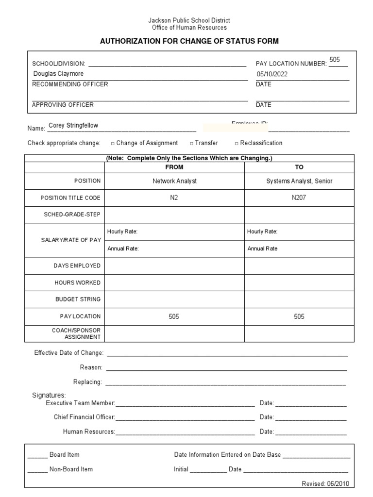 Authorization For Change of Status Form: (Note: Complete Only The ...