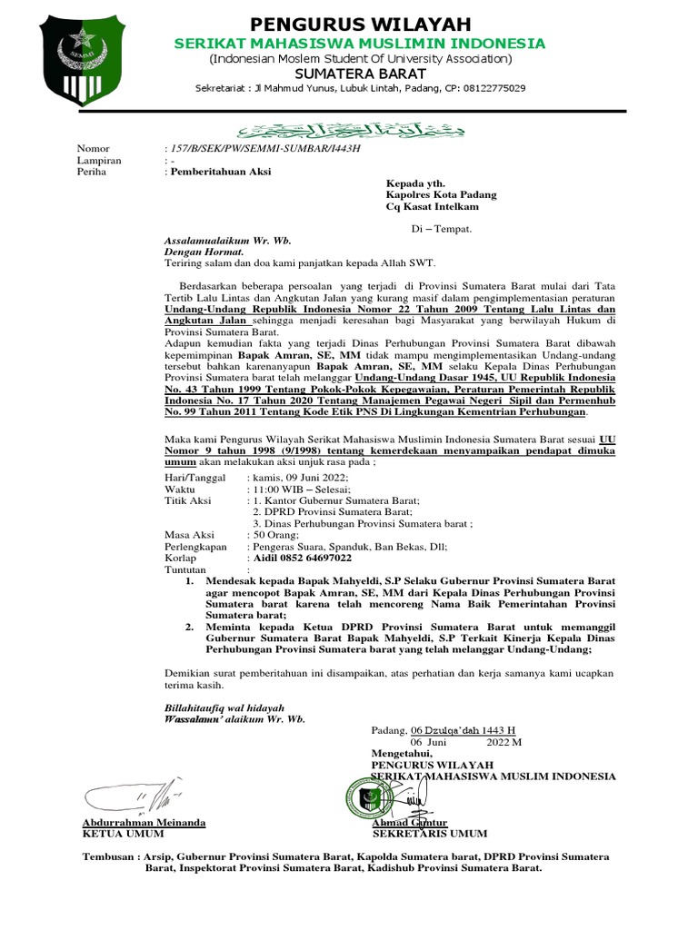 Pemberitahuan Aksi Unjuk Rasa SEMMI | PDF