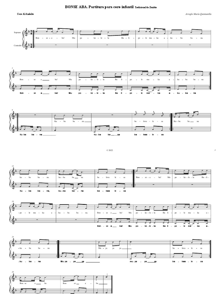 Bonse Aba. Tradicional de Zambia. Partitura para Coro Infantil | PDF ...