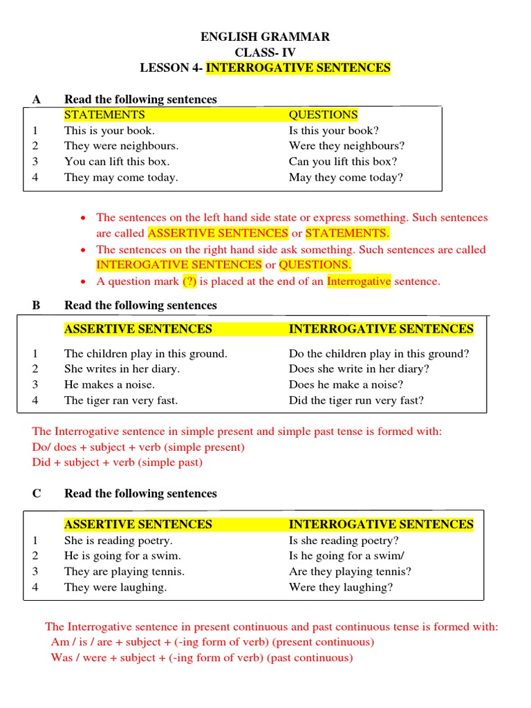 Class 4 - ENGLISH GRAMMAR Lesson 4 | PDF | Question | Verb