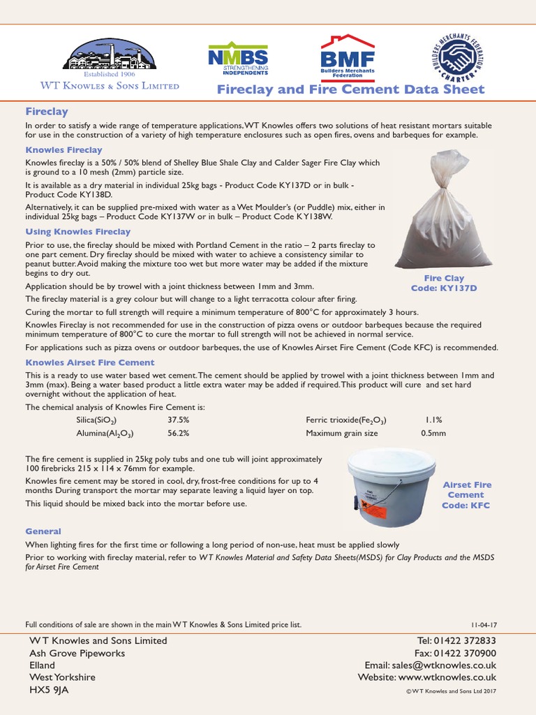 Fireclay Fire Cement Data Sheet | PDF | Mortar (Masonry) | Cement