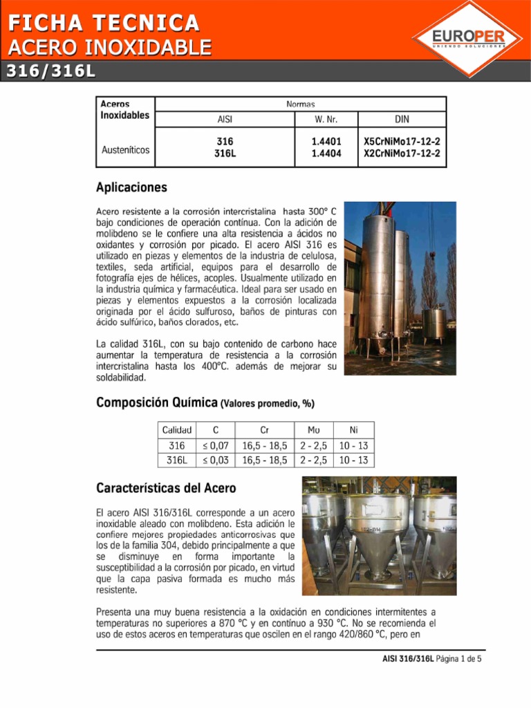 Fichas Tecnica Acero Inox.316 316L | PDF