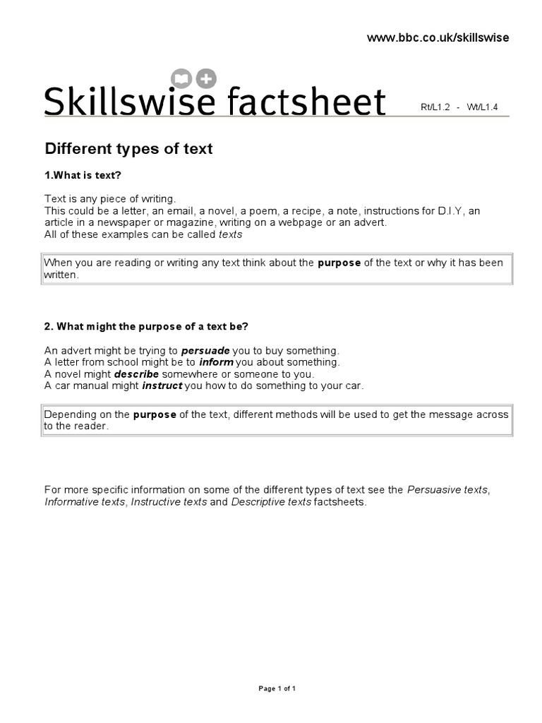 BBC Skillswise - Types of Text - Factsheet 1 - Different Types of Text ...