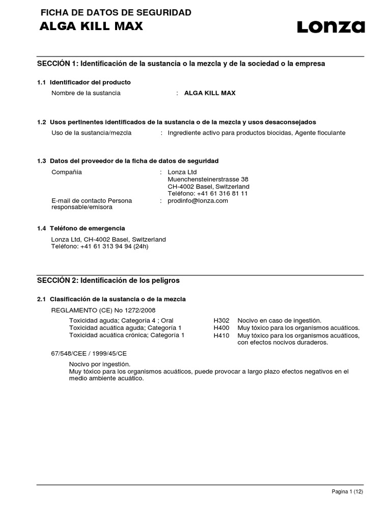 Ficha Tecnica y de Seguridad Alga Kill Max | PDF | Agua | Química