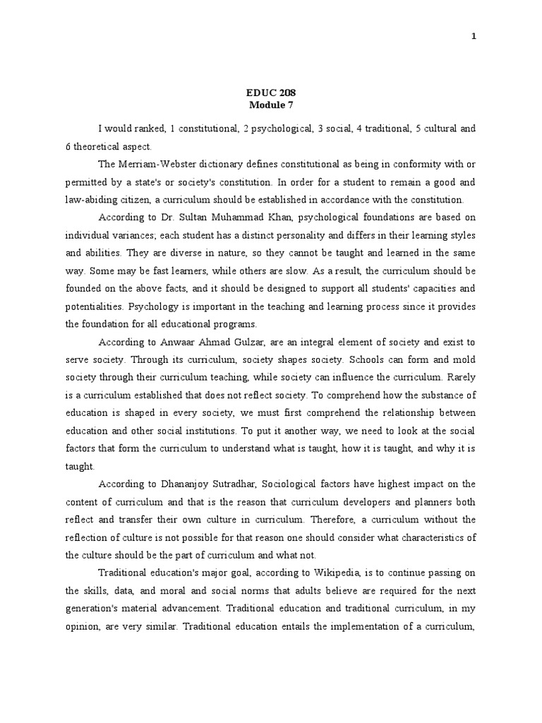 Educ 208 Module 1 | PDF | Curriculum | Learning