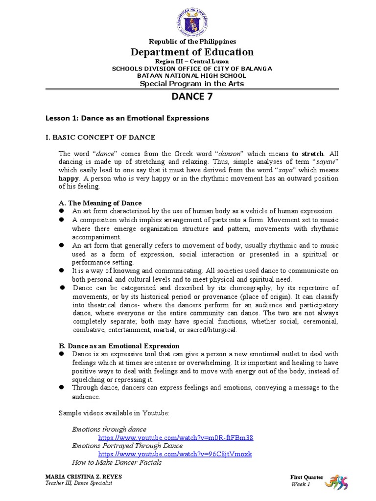 Department of Education: Lesson 1: Dance As An Emotional Expressions ...