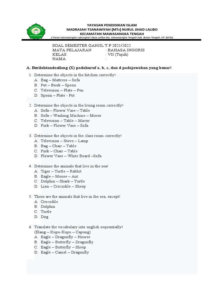 Soal Semester Ganjil T.P 2021/2022 Mata Pelajaran: Bahasa Inggris Kelas: VII (Tujuh) Nama | PDF ...