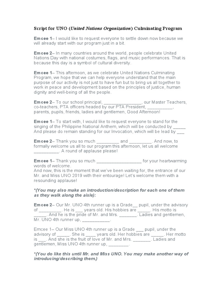 Script For UNO (United Nations Organization) Culminating Program | PDF