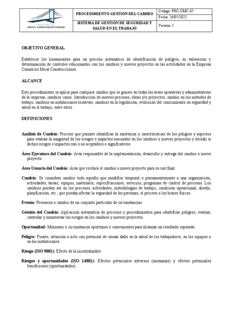 PRC-CMC-05 Procedimiento Gestion Del Cambio | PDF | Riesgo | Planificación