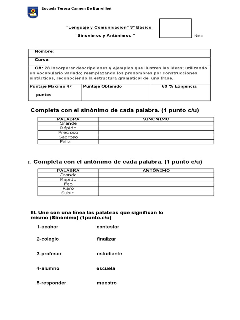 Prueba Sinónimos y Antónimos Definitiva | PDF | Lingüística | Gramática