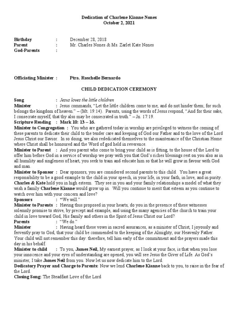 Child Dedication Program | PDF | Prayer | Jesus
