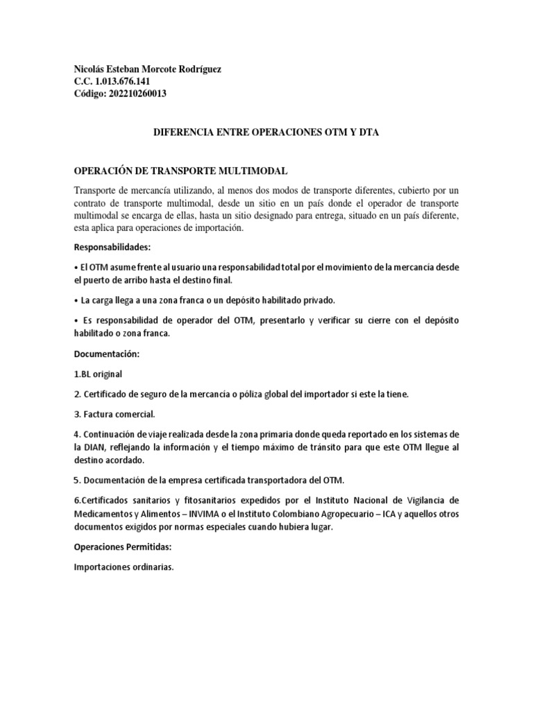 Diferencia Entre Operaciones Otm y Dta | PDF | aduana | Transporte