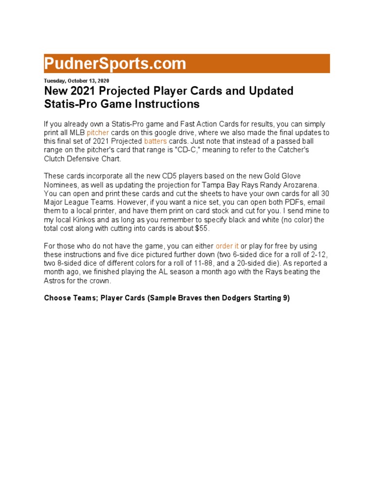 Statis Pro Dice Instructions | PDF | Pitcher | Batting (Baseball)