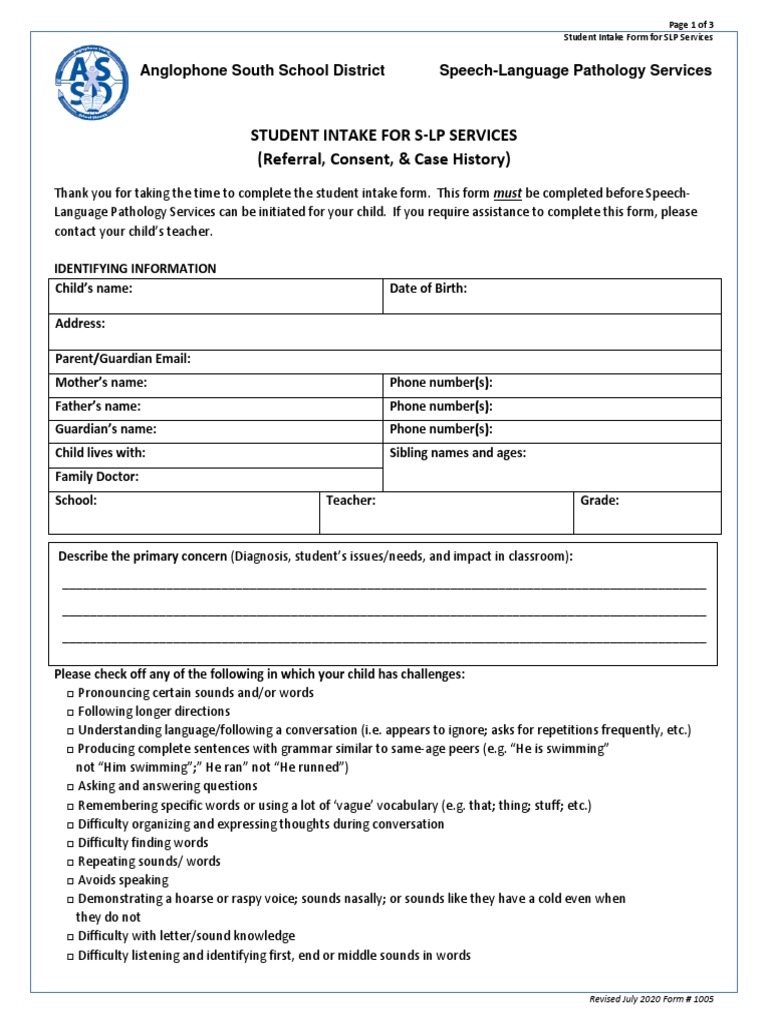 SLP Student Intake Form Referral Consent Case History | PDF | Medical ...