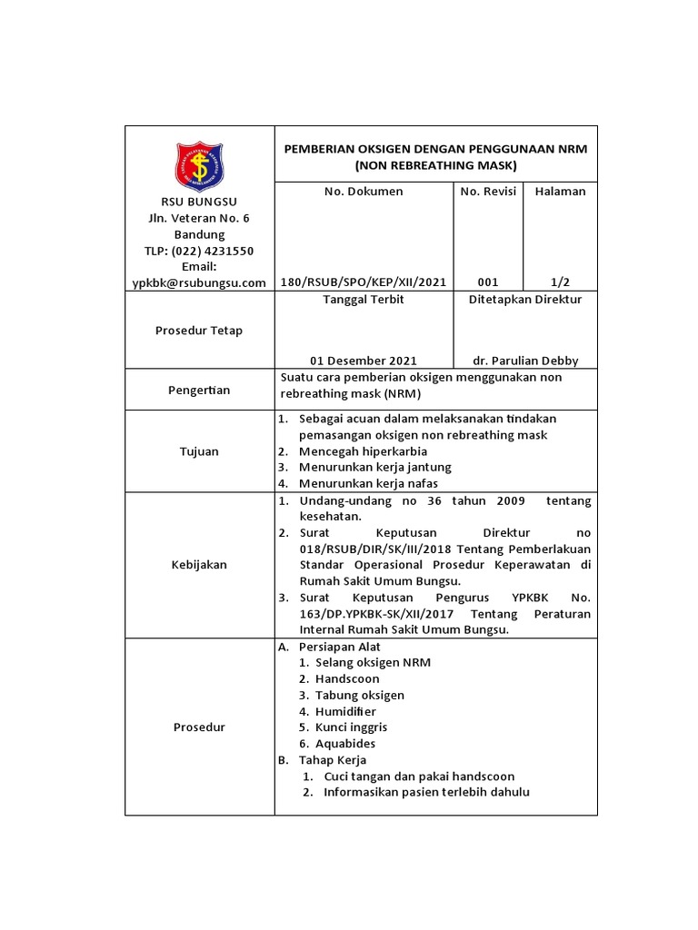 180 Spo Pemberian Oksigen Dengan Penggunaan NRM (Non Rebreathing Mask ...