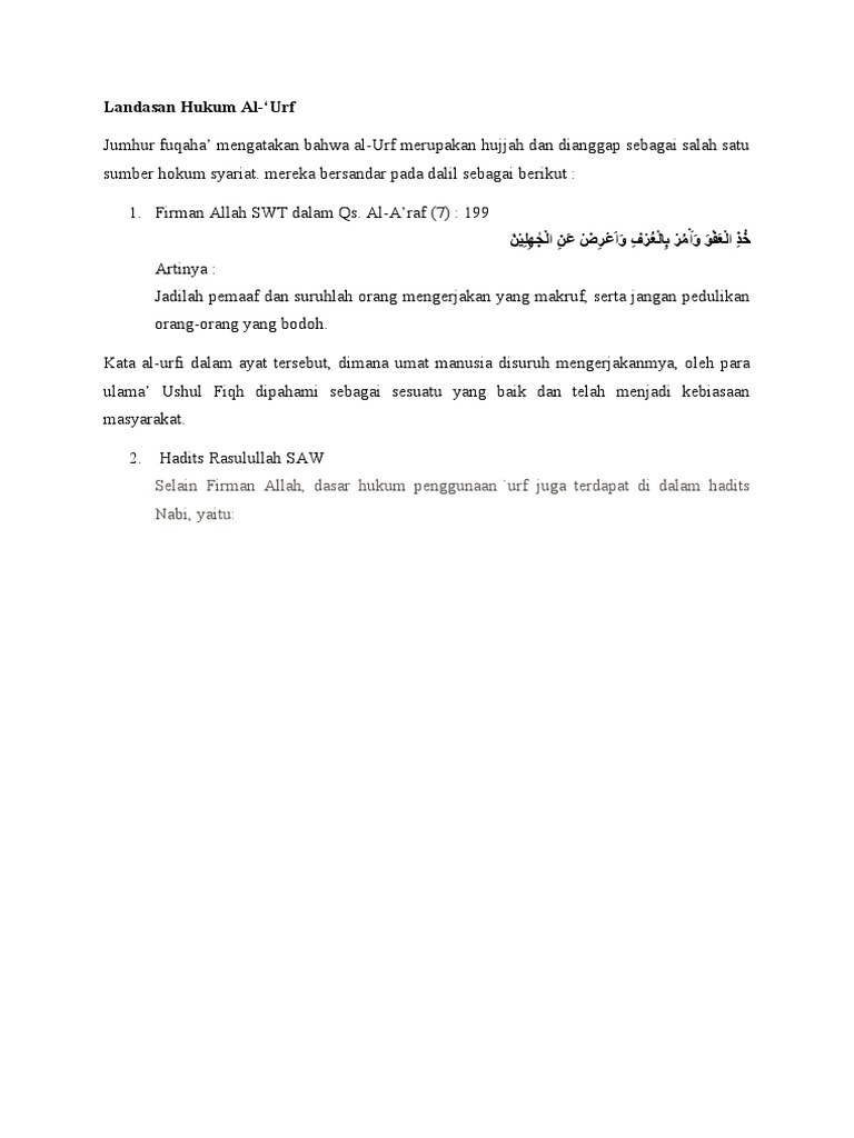 Dasar Hukum Al-‘Urf dalam Syariat Islam | PDF