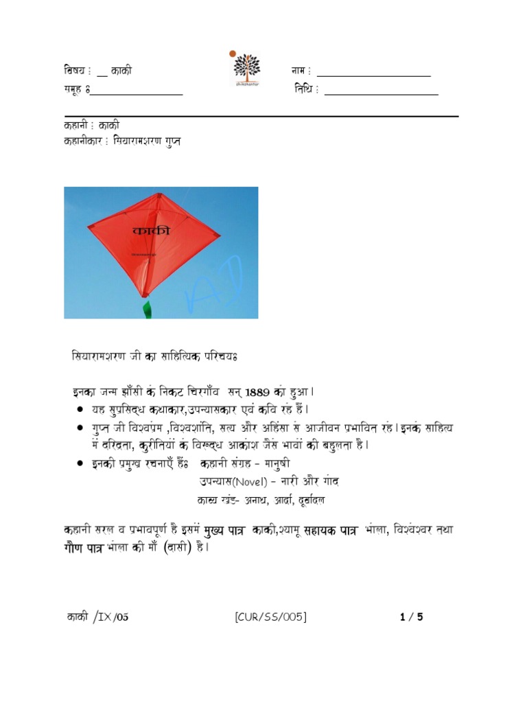Hindi - IX - Handout 05 (Kaki) ICSE BOARD | PDF