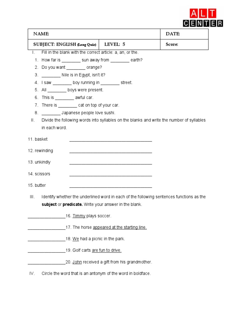 Grade 5 English Exam (1st Quarter) | PDF | Cognitive Science | English ...