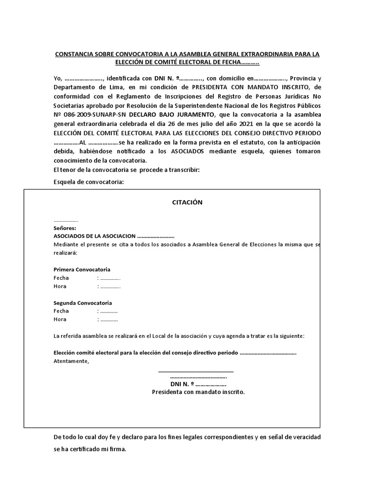 Modelo De Constancia De Convocatoria De Comite Electoral Pdf